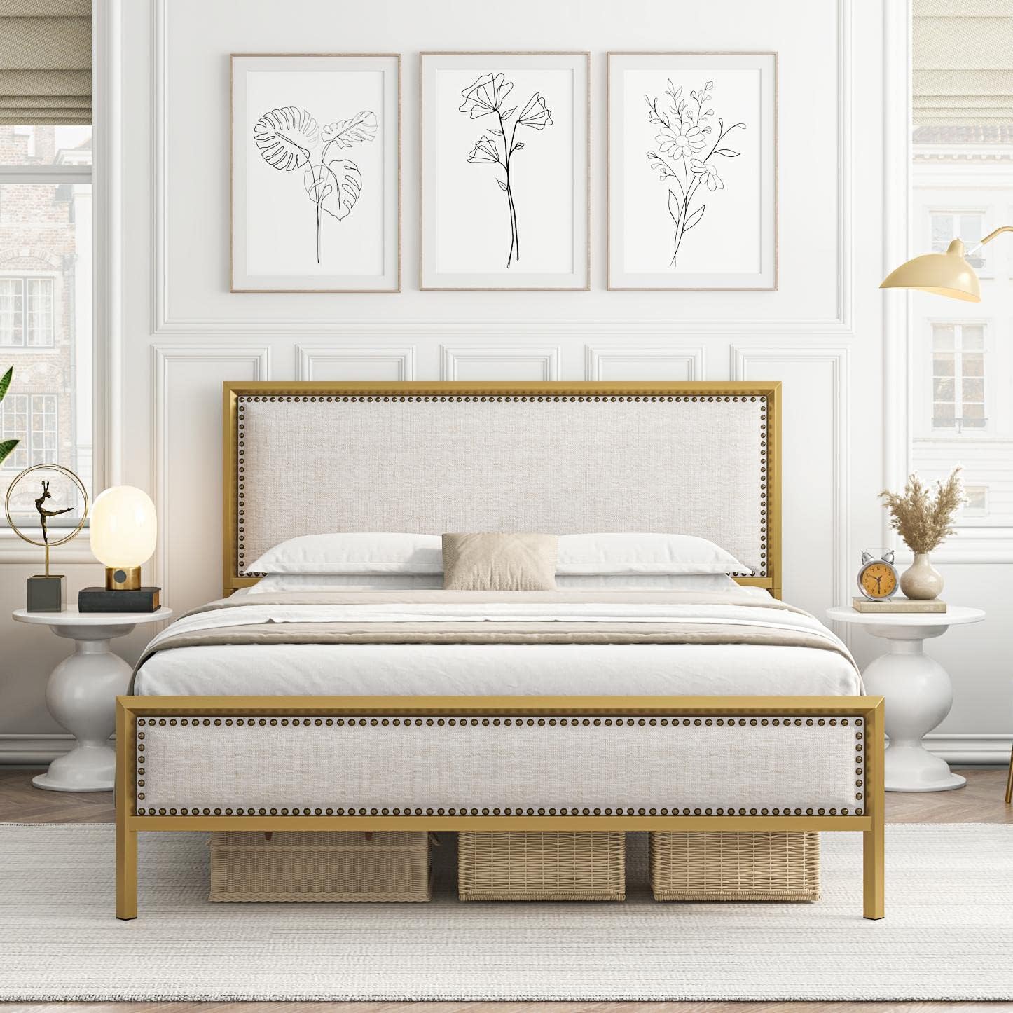 Amazon.com: HITHOS Queen Size Gold Metal Bed Frame with Linen ...