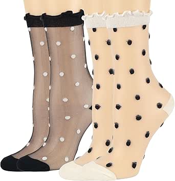 Amazon.com: Ksriylm 4 Pairs Women's Sheer Crystal Ruffle Dot Socks ...