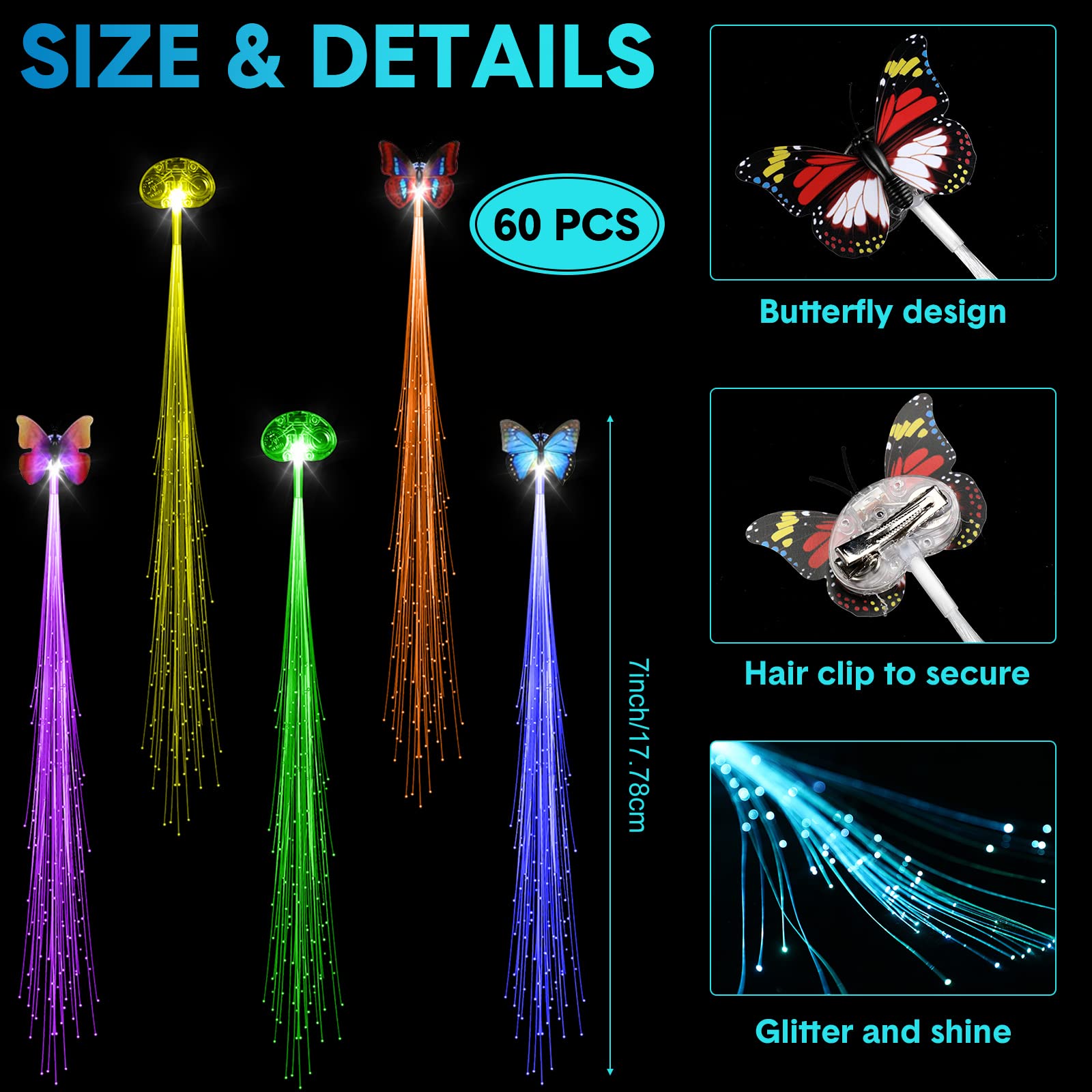 60 Pcs Light up Hair Accessories LED Hair Clips Fiber Optic LED Hair ...