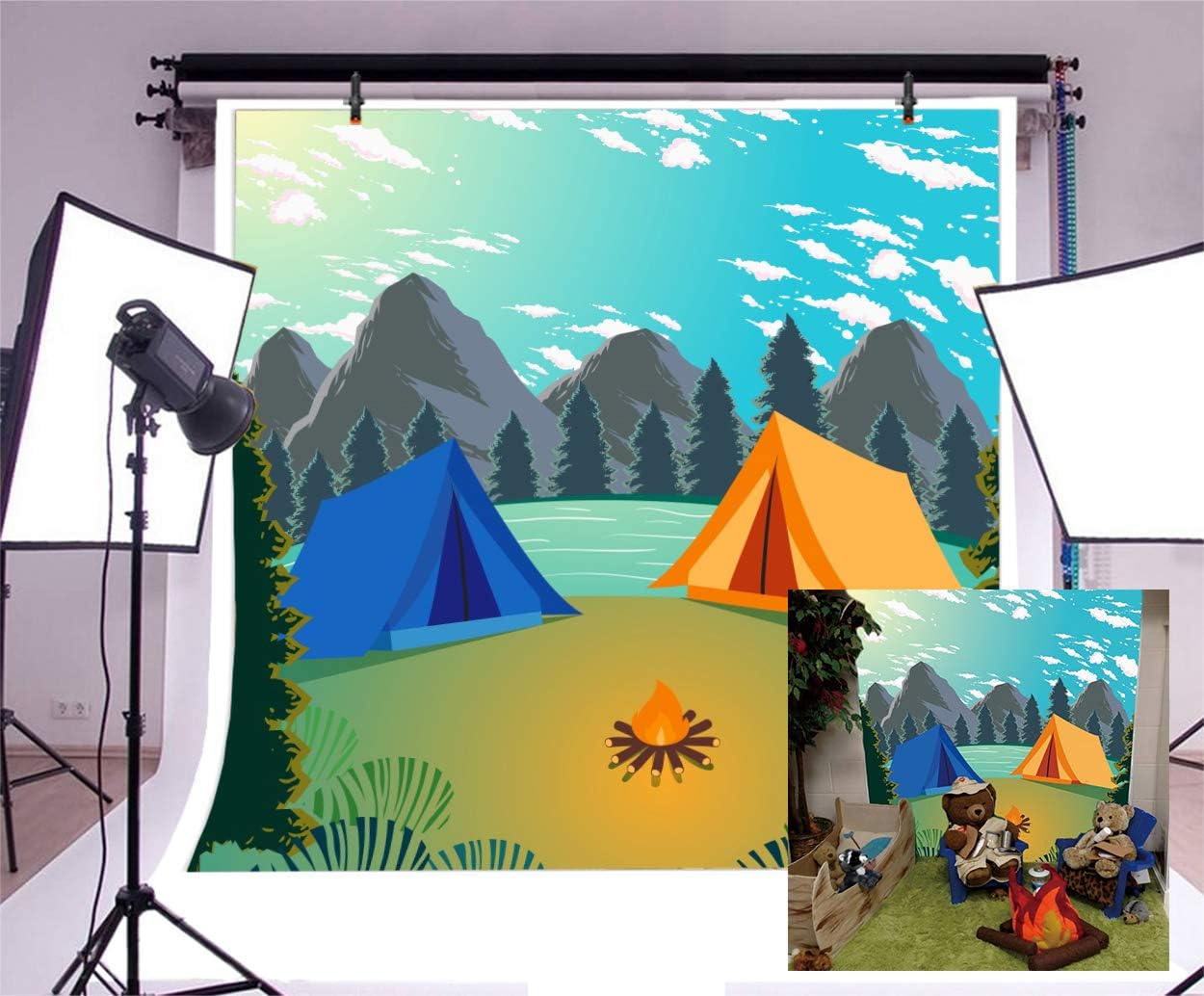 Amazon.com: Yeele 7x7ft Cartoon Summer Camping Backdrop Lakeside ...