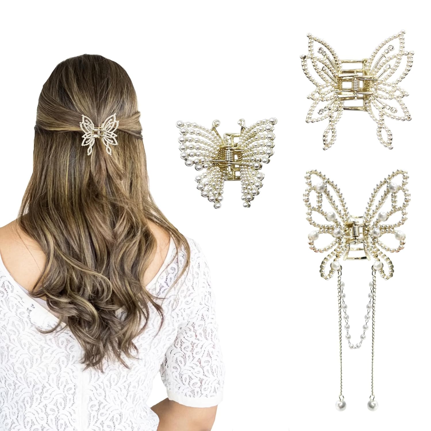 Amazon.com : 3PCS Butterfly Small Hair Claw Clips Pearl Metal Fancy Set ...