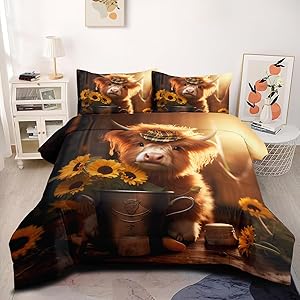 Amazon.com: Menkala Cute Highland Cow Queen Comforter Set Cartoon Cattle Comforter Cows ...
