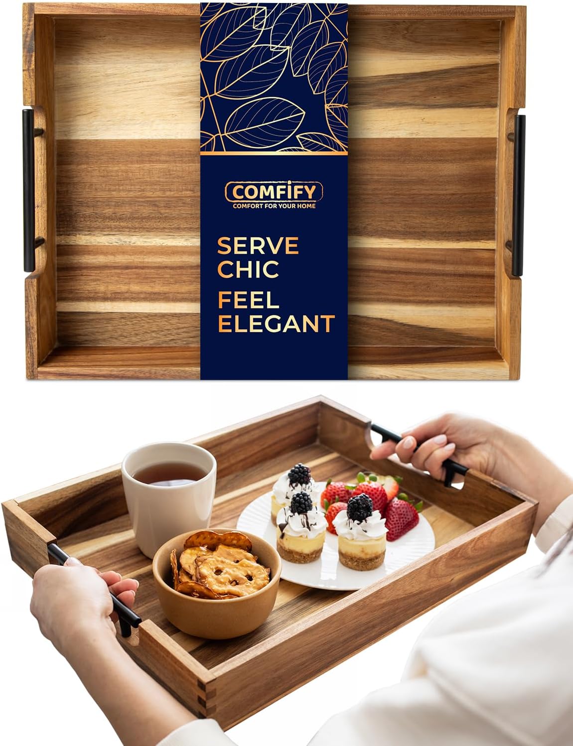 Amazon.com: Decorative Serving Tray with Black Handles - Premium Acacia ...