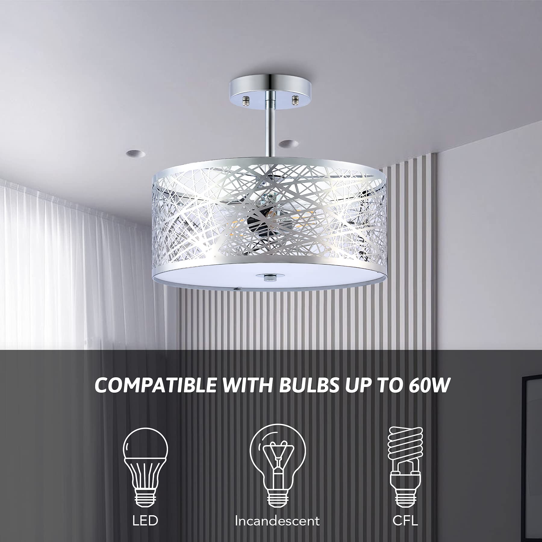 Vonluce Semi Flush Mount Ceiling Light Chrome, 2 Light Close to Ceiling ...
