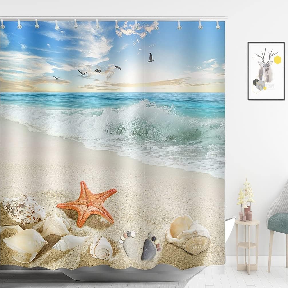 Amazon.com: ABxinyoule Starfish Beach Shower Curtain Set Seashell Beach ...