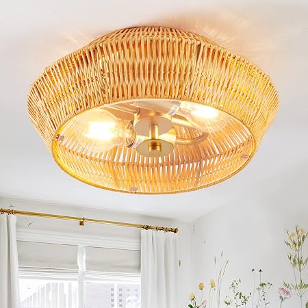 hummingbird 2-Light Rattan Ceiling Light Fixture Boho Flush Mount ...