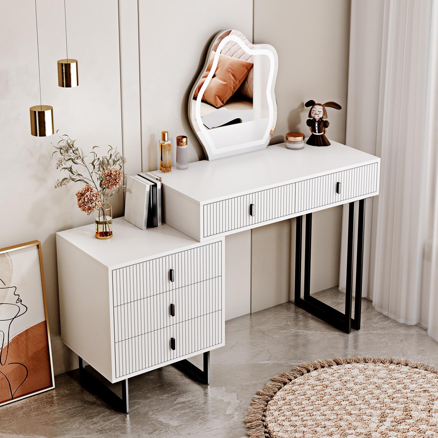 Amazon.com: White Vanity Desk with Mirror and Lights, Modern Makeup ...