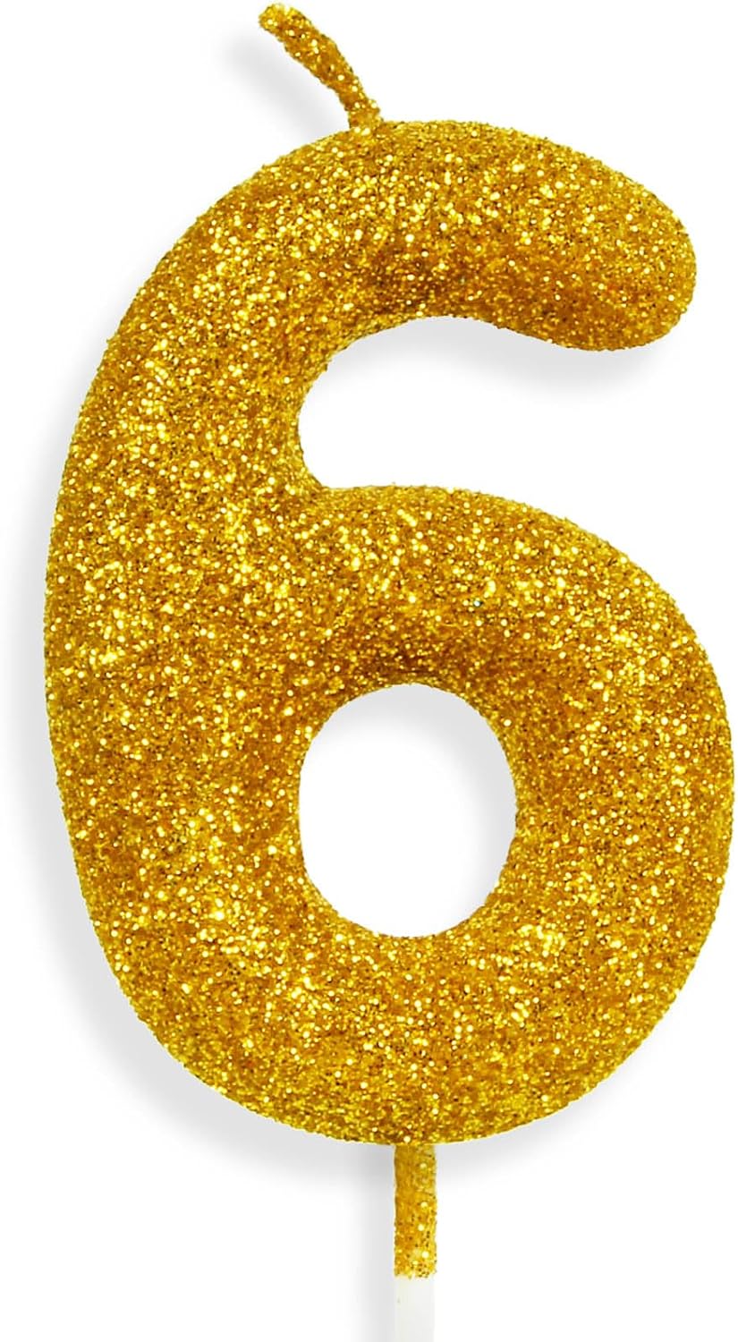Amazon.com: 6th Glitter Birthday Candles, Gold Birthday Number Candle ...