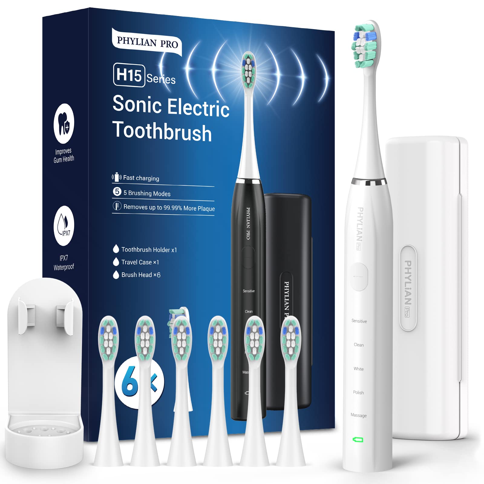 Iactive Set Of Two Pocket Sonic Toothbrushes With 6 Heads White