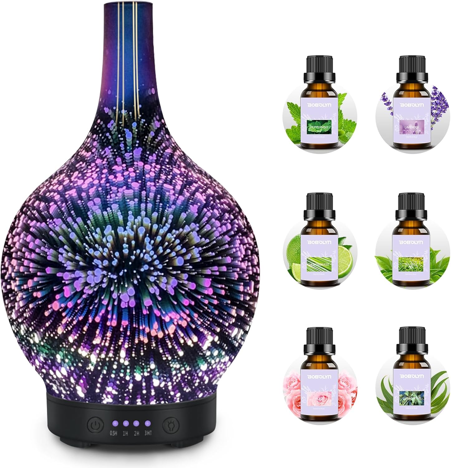 Essential Oil Diffuser Electric Aromatherapy Diffuser with 6 Essential Oil Set 3D Firework Glass ...