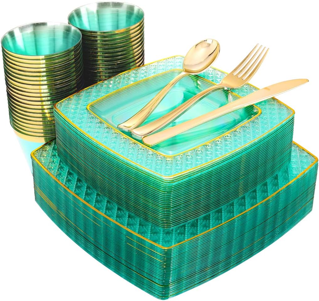 Nervure 150PCS Clear Green Plastic Plates Gold Square Plastic Plates Nervure 150PCS Clear Green Plastic Plates Gold Square Plastic Plates