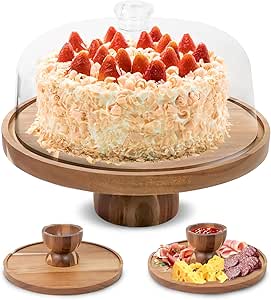Acacia Wood Cake Stand with Lid - 12in Cake Stand with Dome,2 in 1 Cake ...
