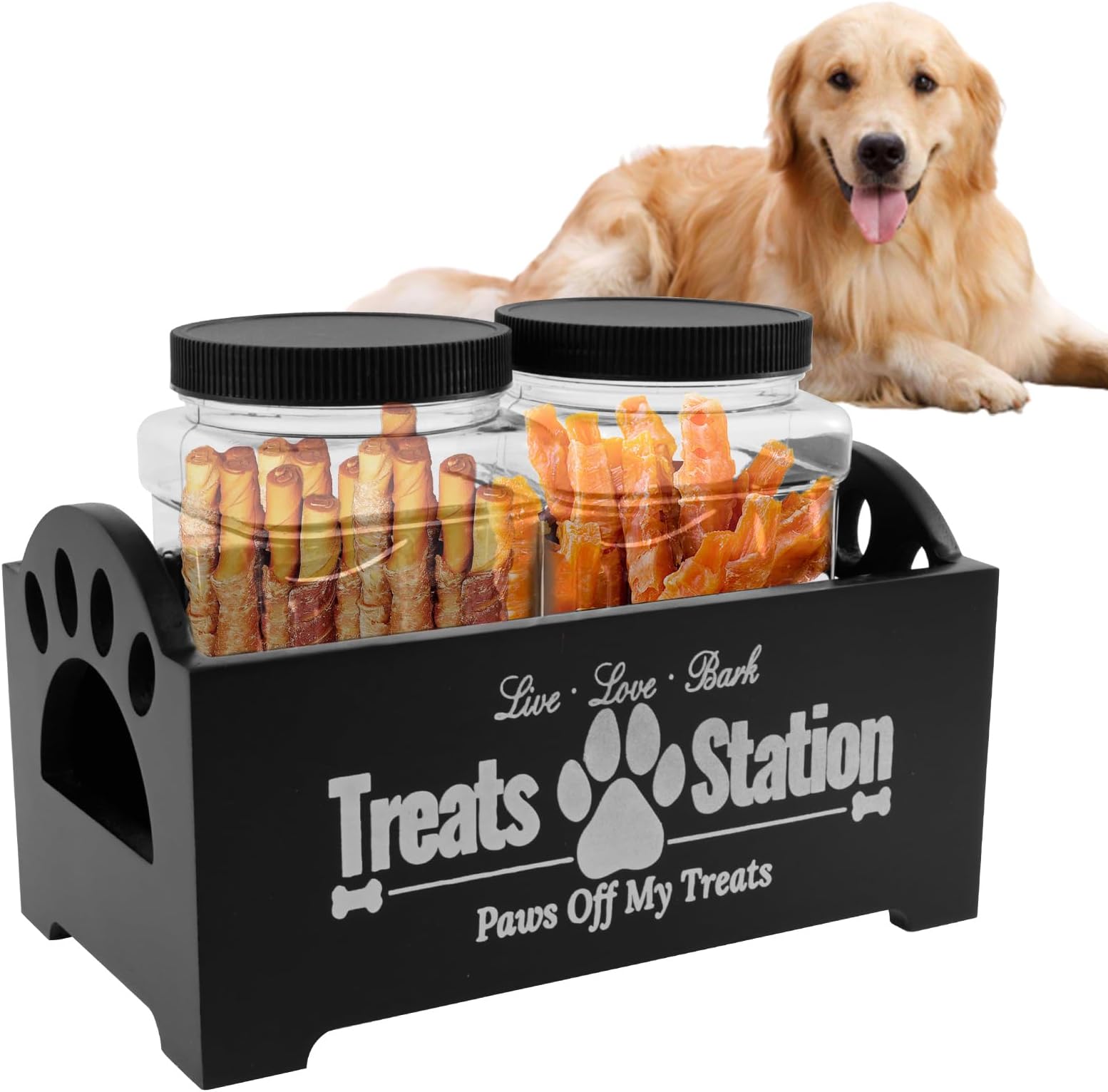 Wood Dog Treat Container with 3 Plastic Dog Treat Jars, Cute Pet Food ...