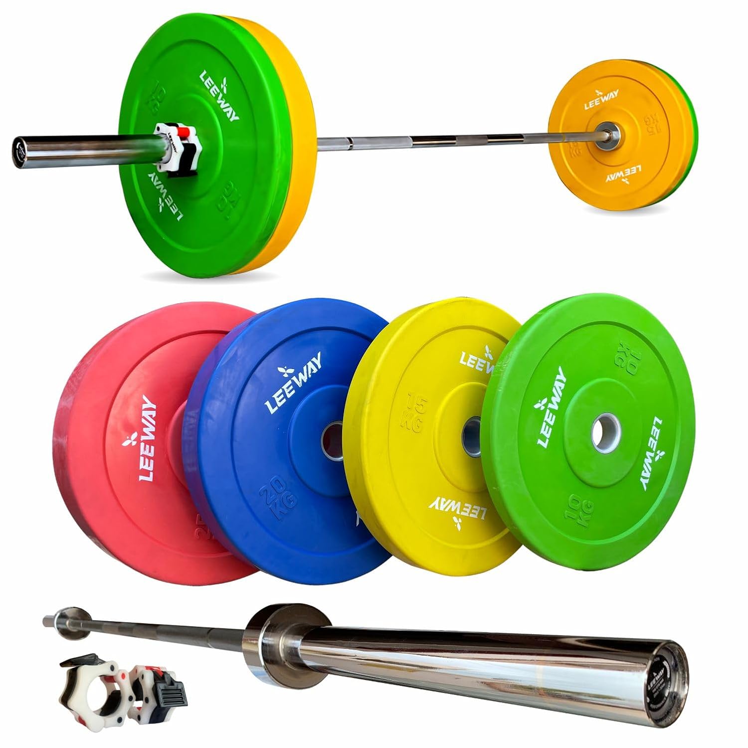 LEEWAY Rubber Bumper Plates with Olympic Barbell, (100kg Set)| Olympic ...