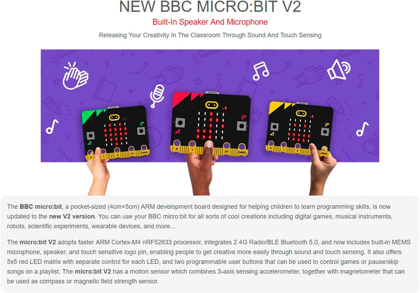 BBC MicroBit V2, ARM Cortex-M4 nRF52833 Procesador integrado altavoz y ...
