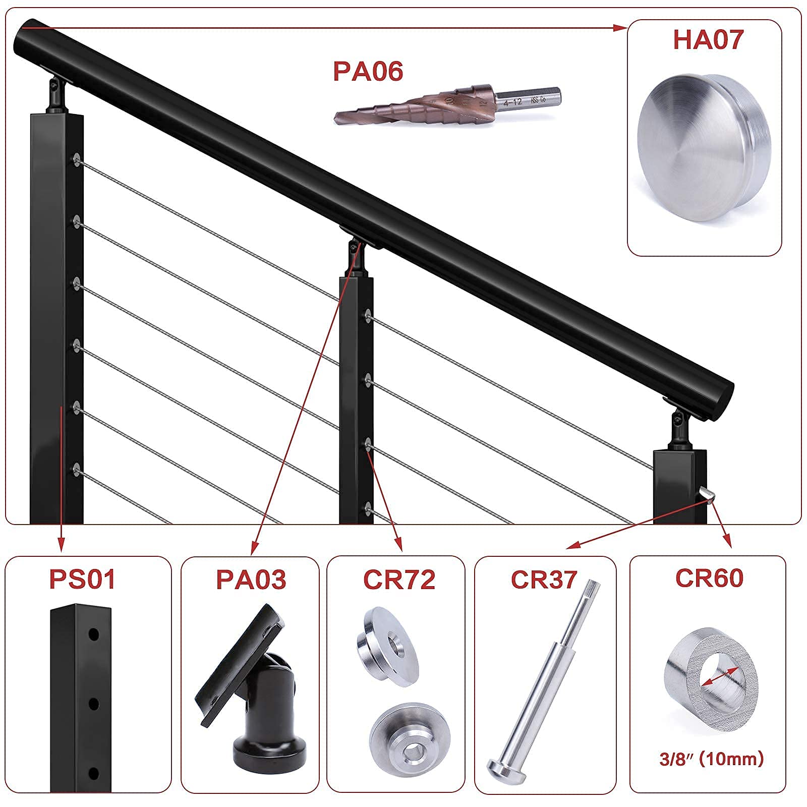 Buy Muzata 6.6ft Round Handrail for Cable Railing Deck Stair Indoor ...