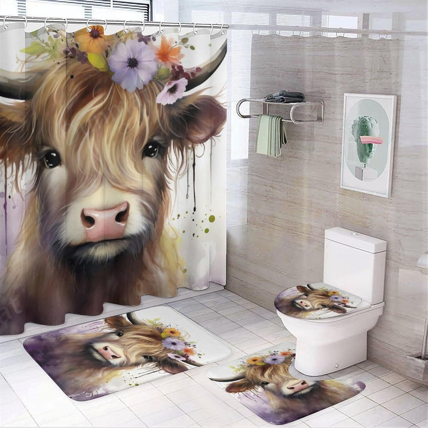 Amazon.com: 4Pcs Vintage Highland Cow Bathroom Sets with Shower Curtain Rugs Mats Accessory ...