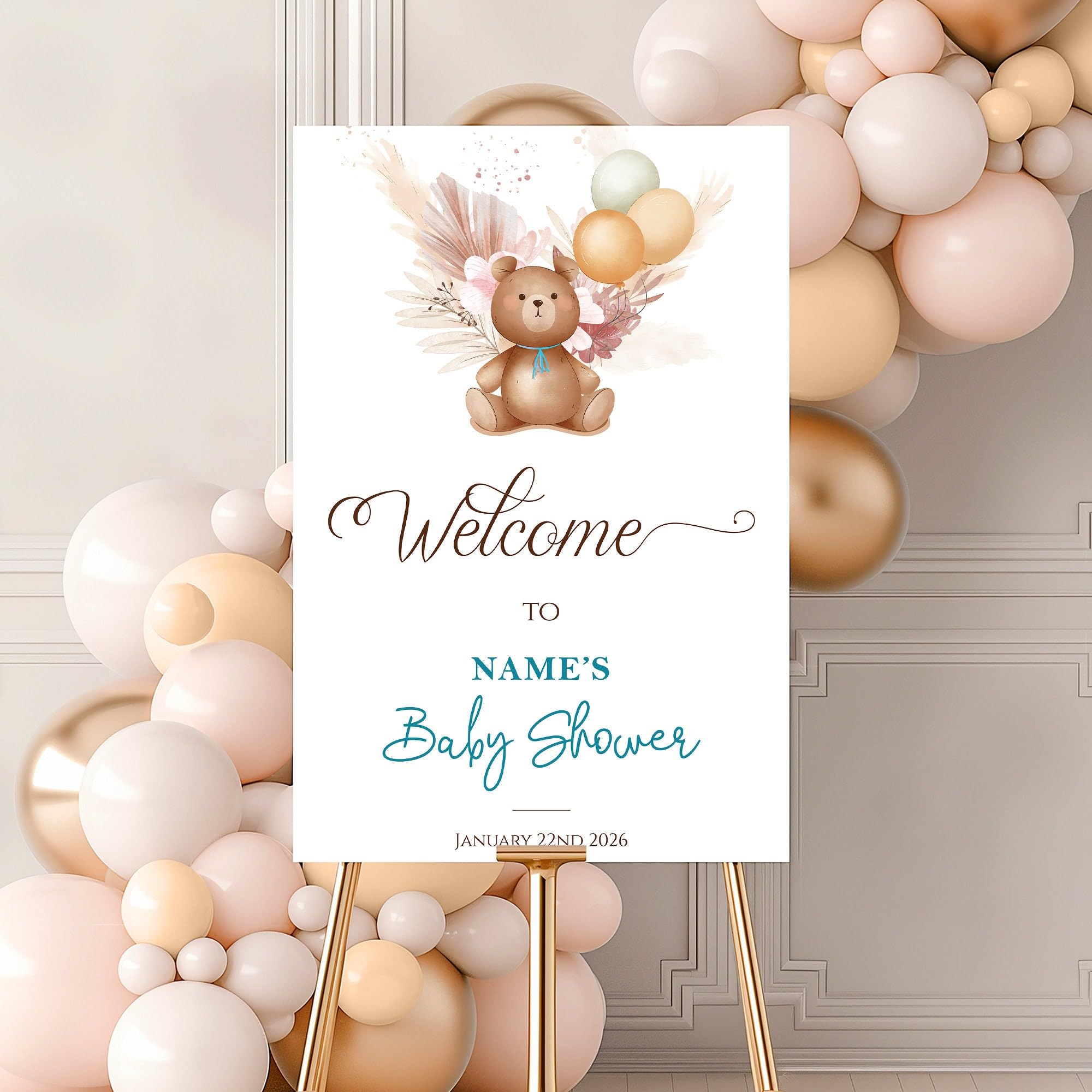 BOHO Teddy Baby Shower Welcome Board, A1, A2, A3 or A4, Gender Neutral ...