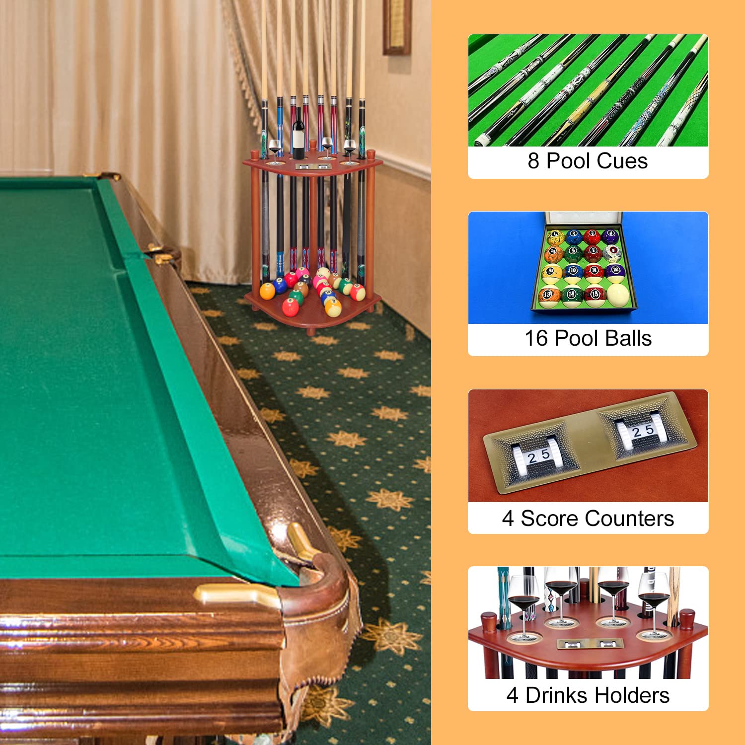 Snapklik.com : MoyanSuper Pool Stick Holder Solid Wood Floor Stand Cue ...
