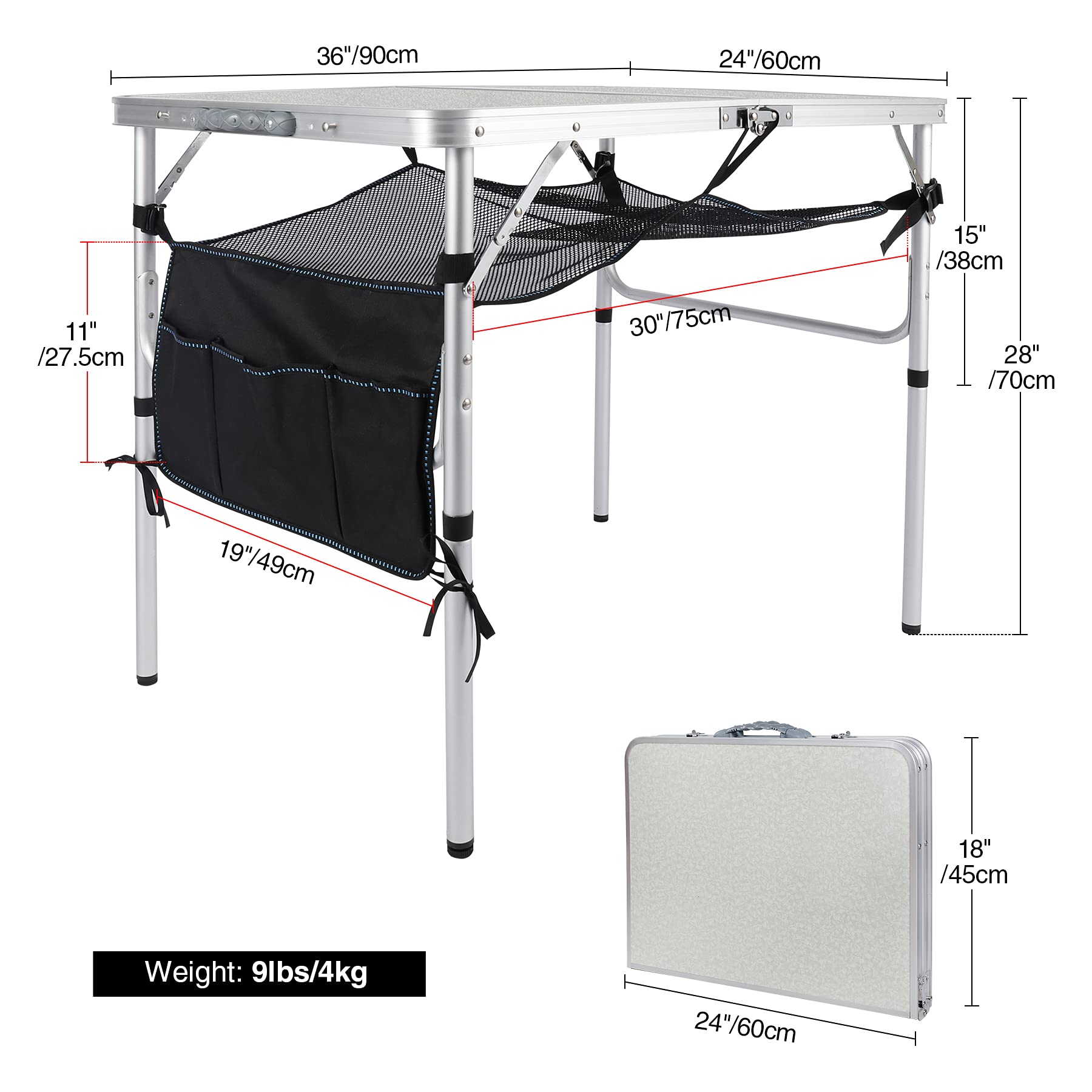 REDCAMP 3 Foot Aluminum Folding Table with Mesh Storage Organizer ...
