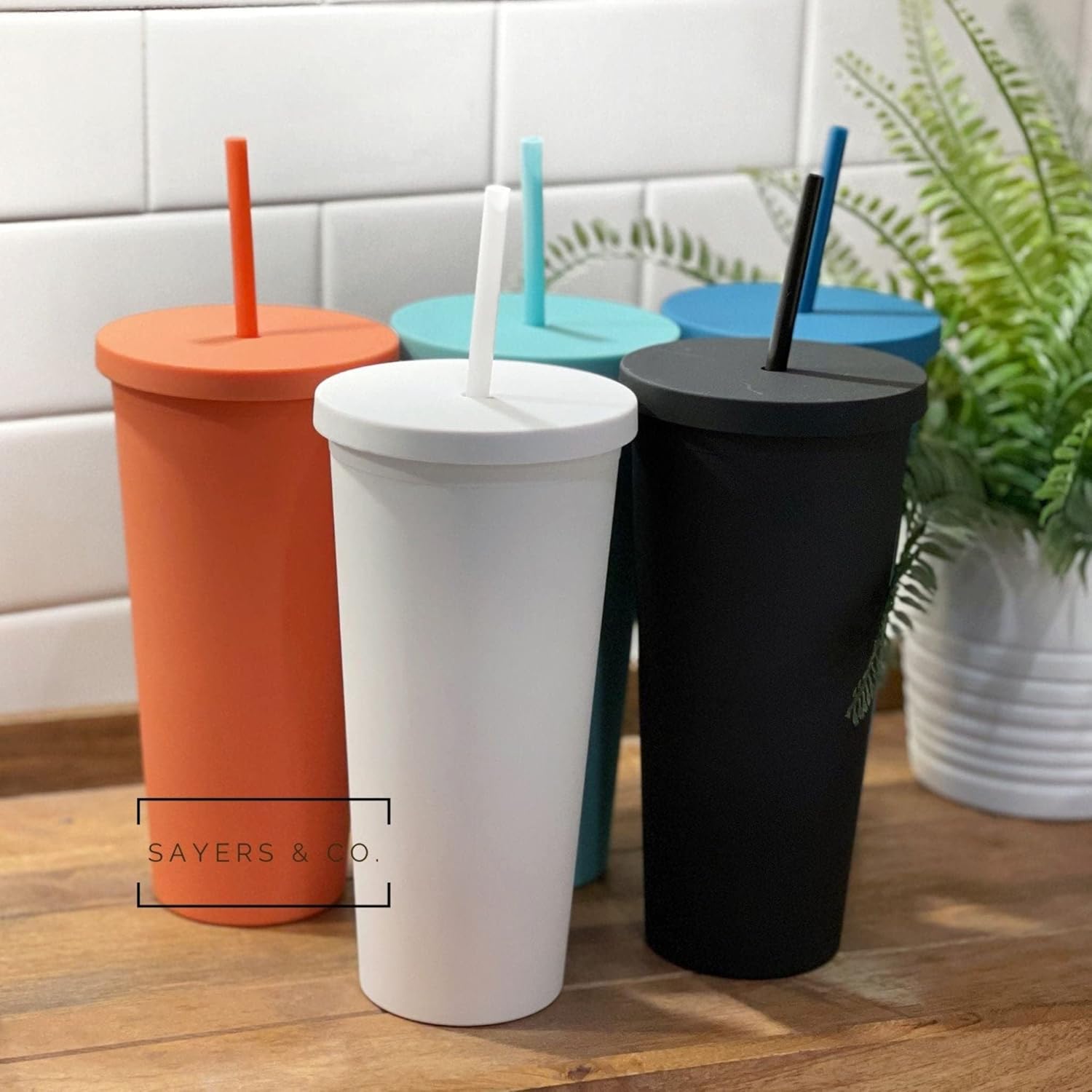 Amazon.com | Matte Colored Acrylic Cups with Lids and Matching Straws ...