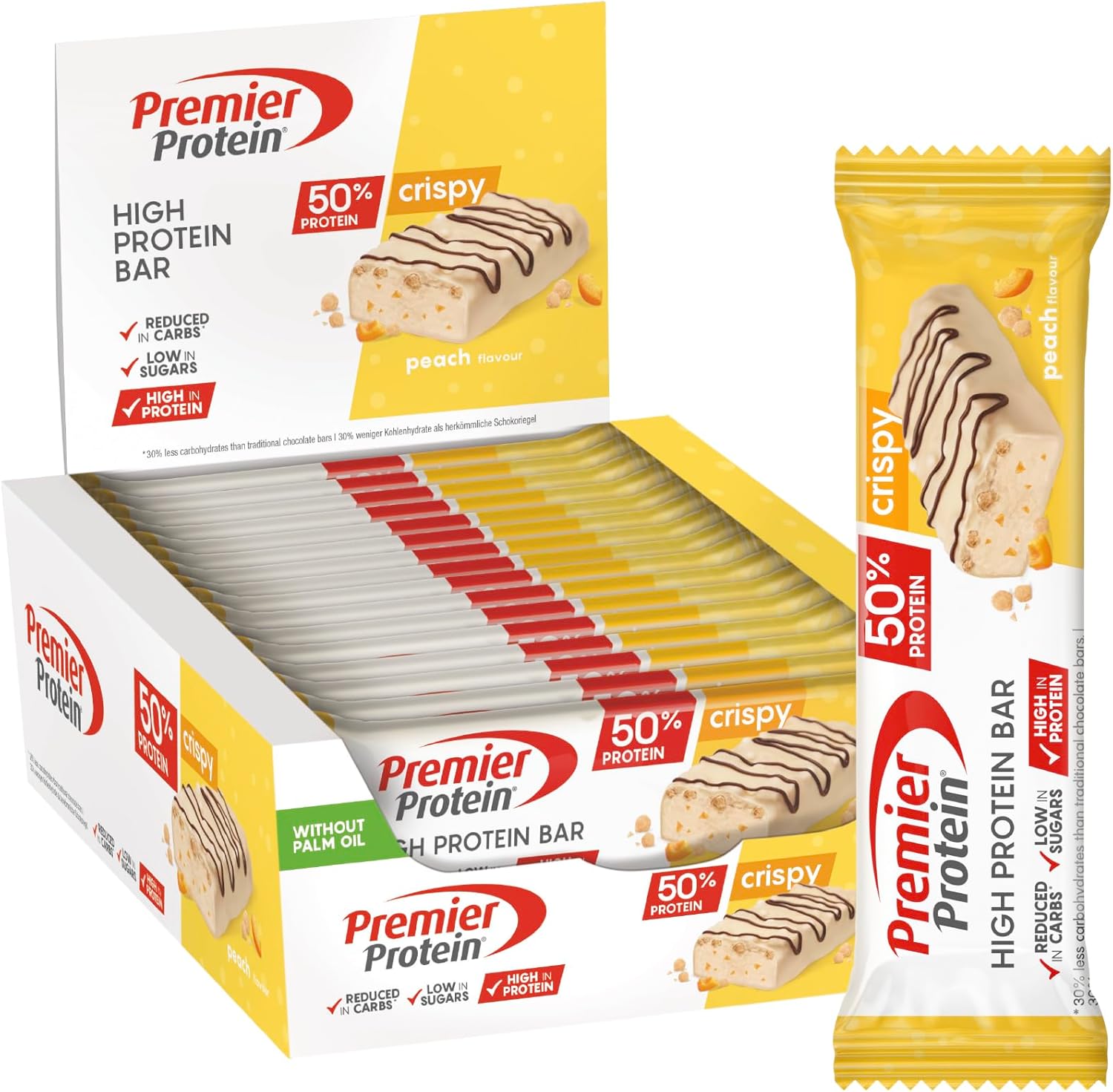 Premier Protein High Protein Bar Crispy Peach 16x40g - High Protein Low ...