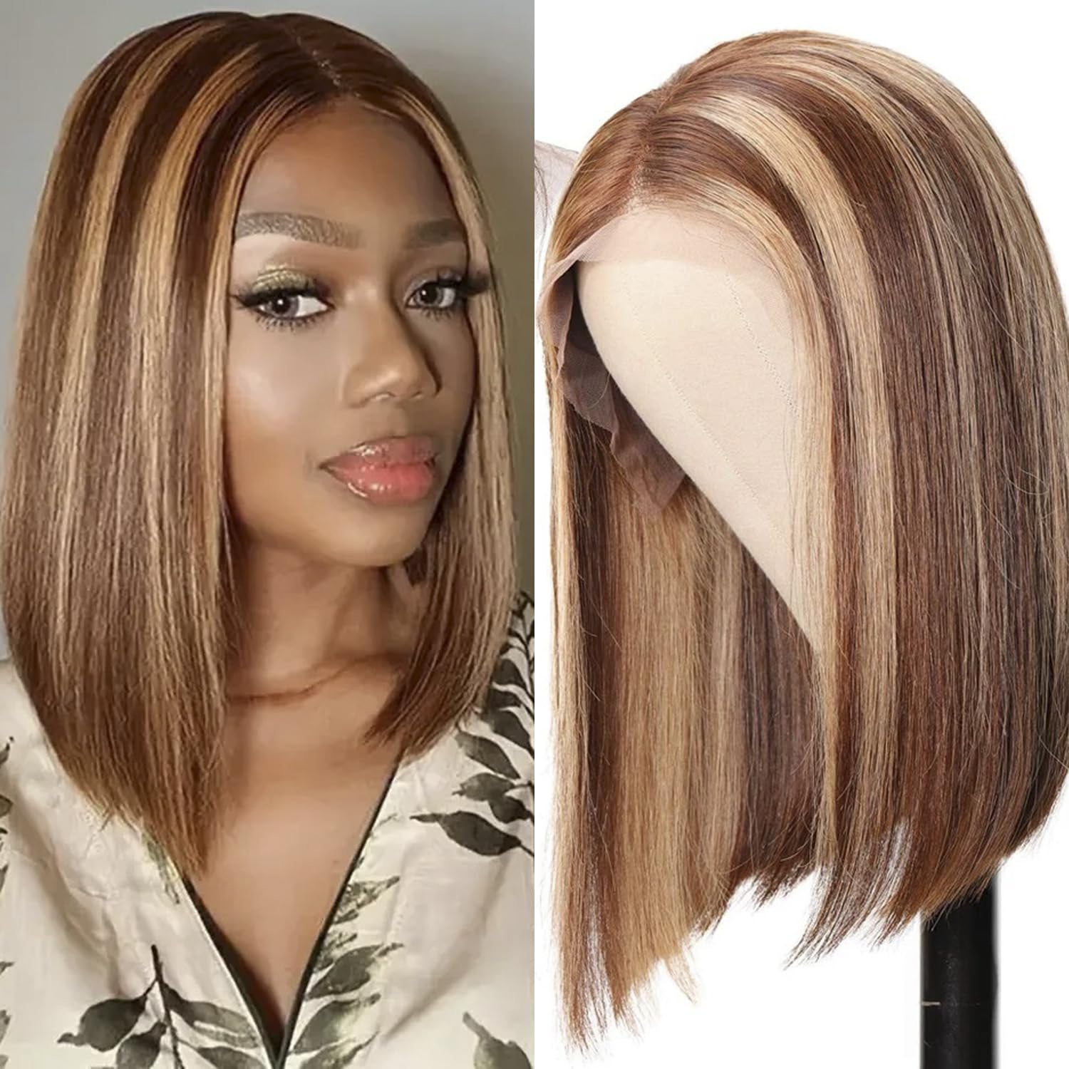 Amazon.com : Hertune Highlight Bob Human Hair Wig 10 inch Honey Blonde ...