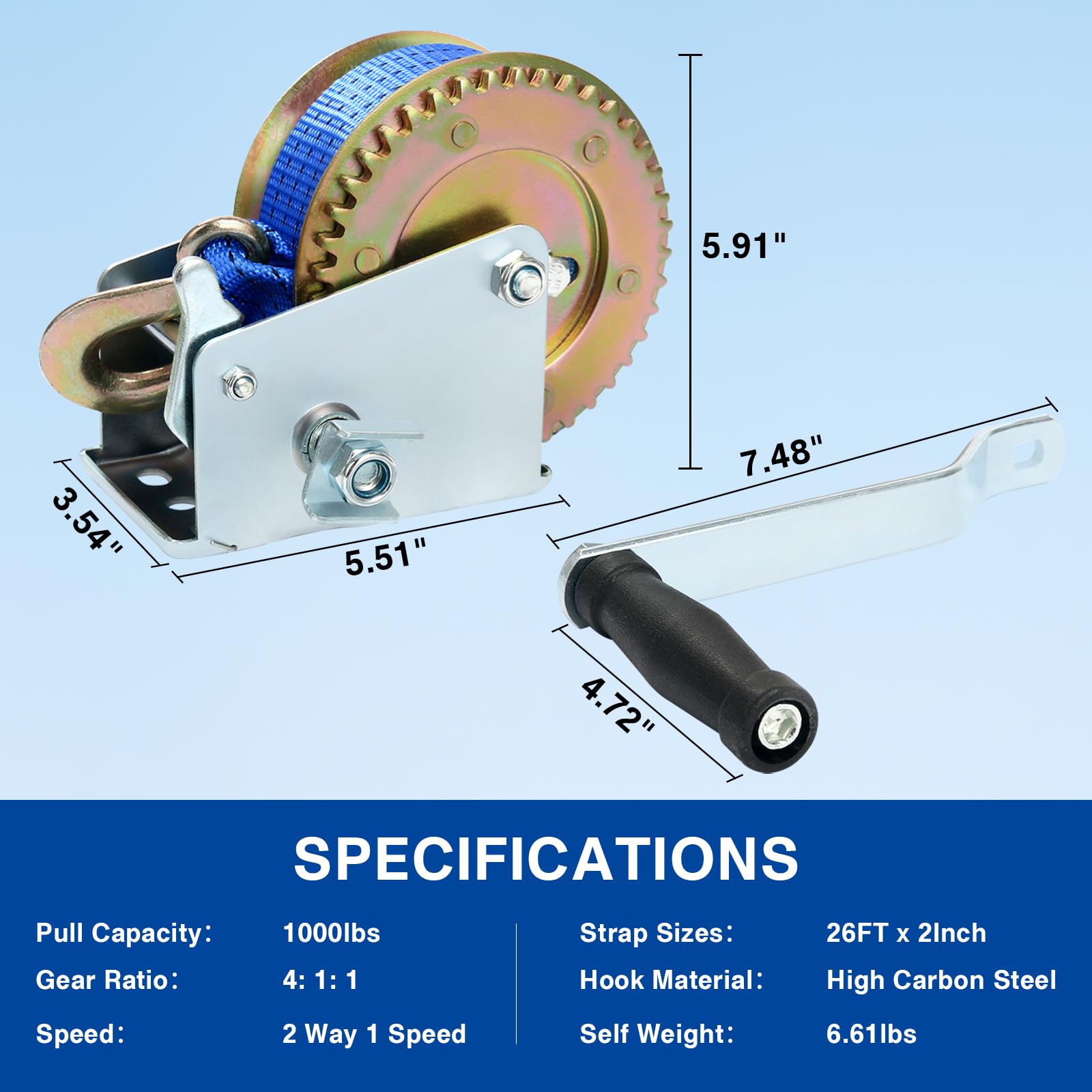 Snapklik.com : 8milelake 1000lbs Hand Winch Hand Crank Strap Gear Winch ...