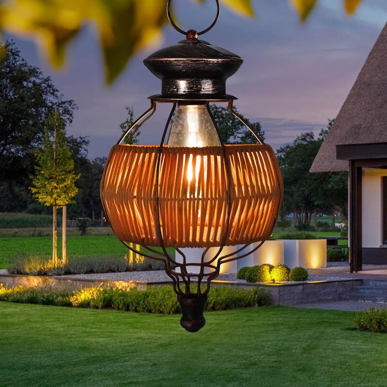 Livinlarge Solar Chandelier Rattan Pendant Light Wicker Pendant Light ...