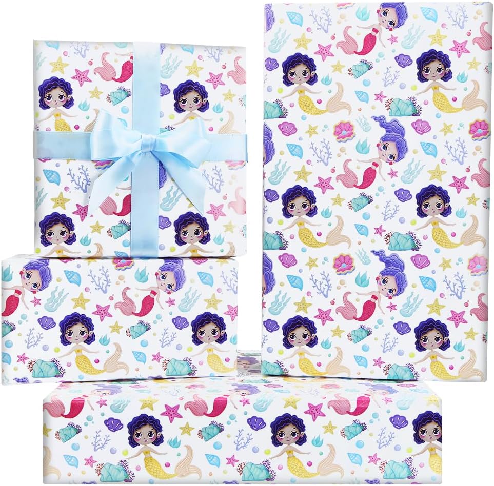 Amazon.com: Mermaid Wrapping Paper,Princess Gift Wrap Paper Kids 4 PCS ...
