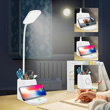 LED Desk Lamp with Wireless Charger, Sailstar White Desk Light with Pen ...