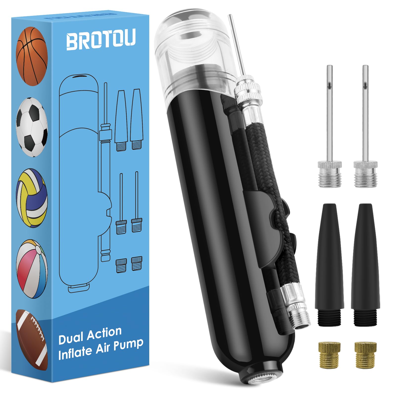 BROTOU Basketball Air Pump, Ball Pump Dual Action Inflate Air Pump with ...