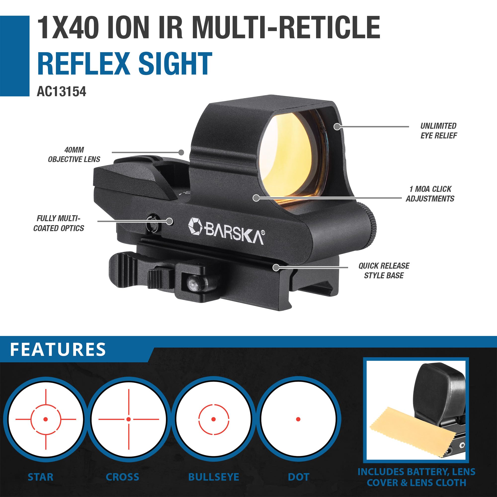 Snapklik.com : Barska AC13154 1x40 ION Red Dot Reflex Sight Multi Reticle