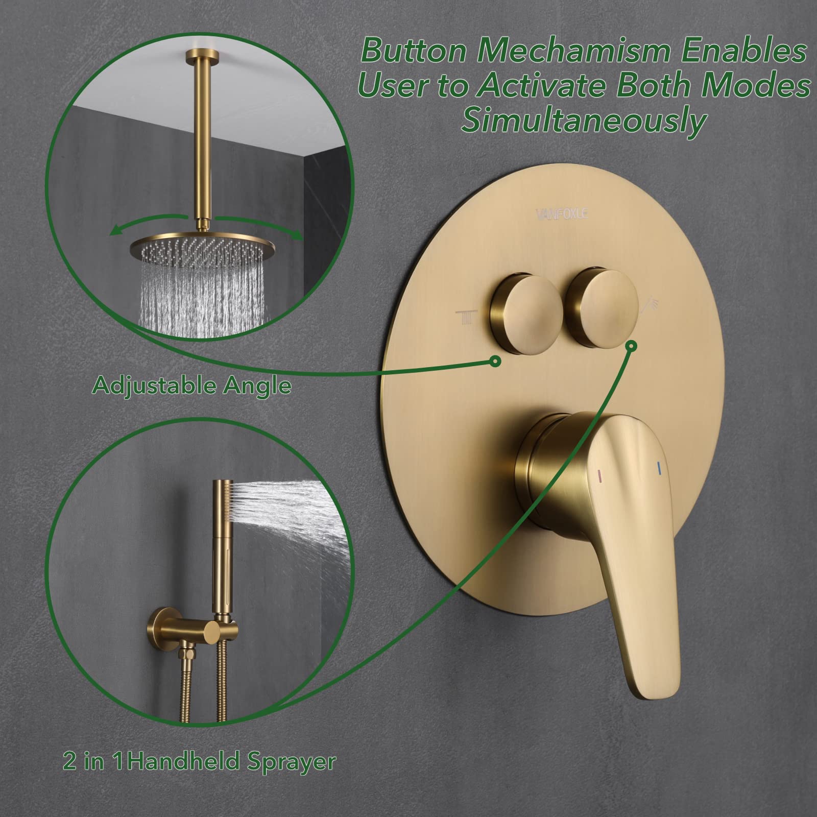 Snapklik.com : VANFOXLE Shower Faucets Sets Complete Brushed Gold Shower System, Push Button ...