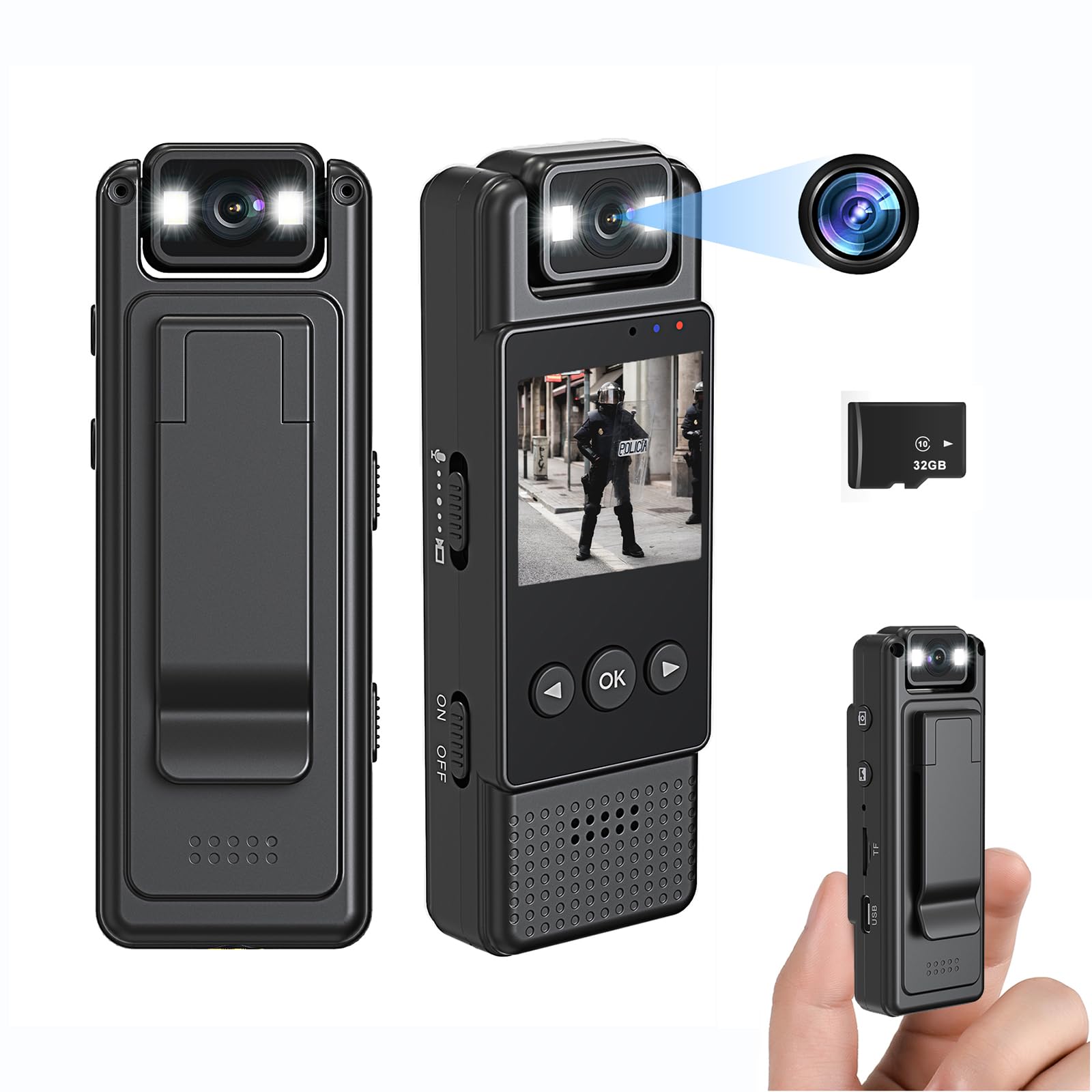 Body Camera, 1.3 in 1080P Color Display 180° Rrotating Lens Camera ...