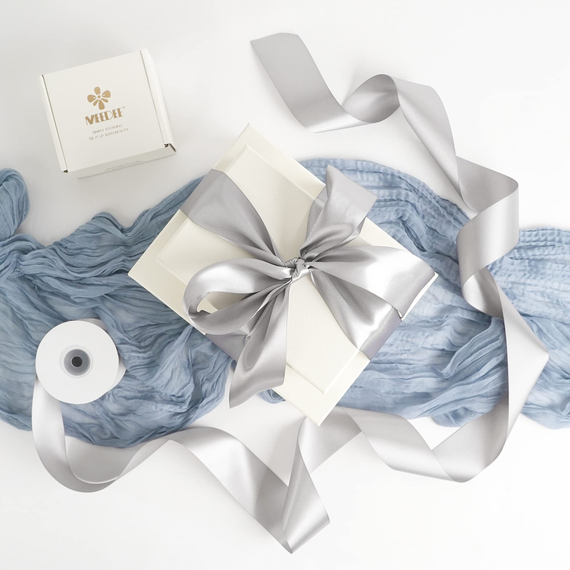 MEEDEE Silver Satin Ribbon 1-1/2 Inch Silver Ribbon Lux Satin Double ...