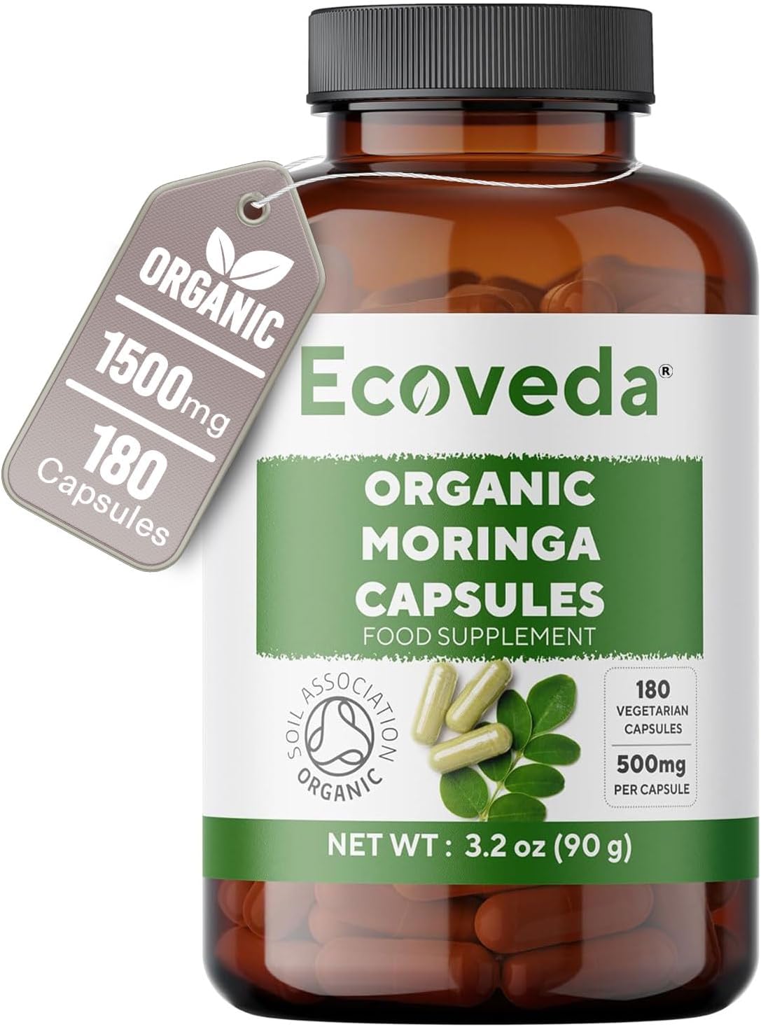 Ecoveda Organic Moringa Capsules, 2 Months Supply, 180 Moringa Powder Organic Capsules, 1500mg ...