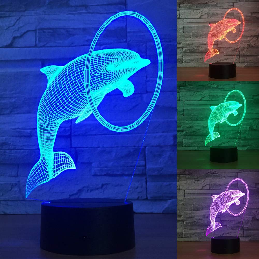 Jinnwell 3D Dolphin Night Light Animal Lamp Illusion Night Light 7 ...