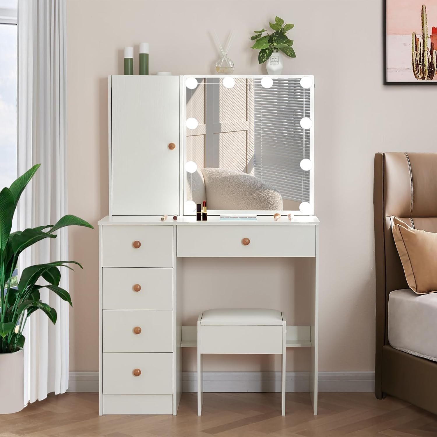 Amazon.com: Hikooo Tocador de maquillaje con espejo iluminado, juego de mesa de tocador de 5 ...