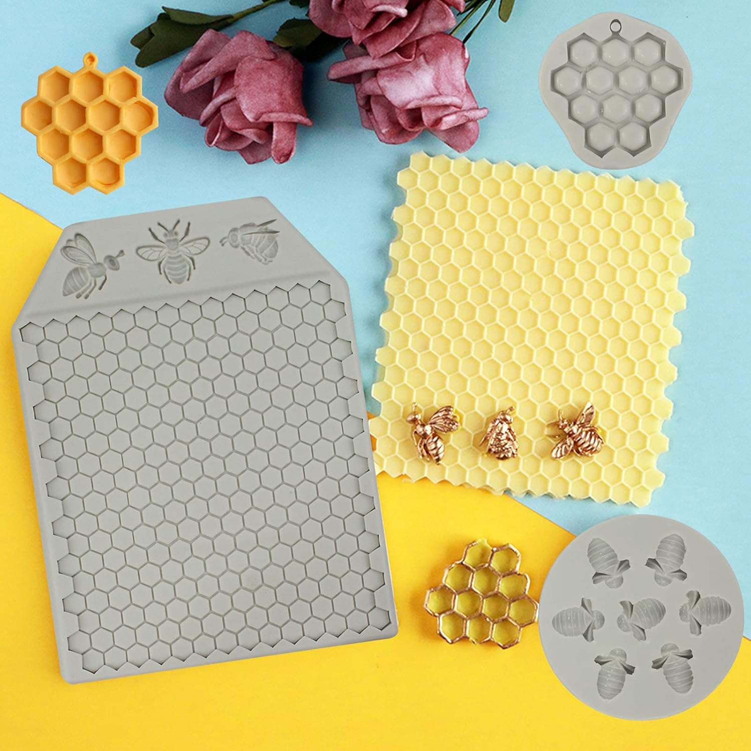 4 piezas 7 cavidades Bumble Bee Moldes de silicona moldes de panal de ...