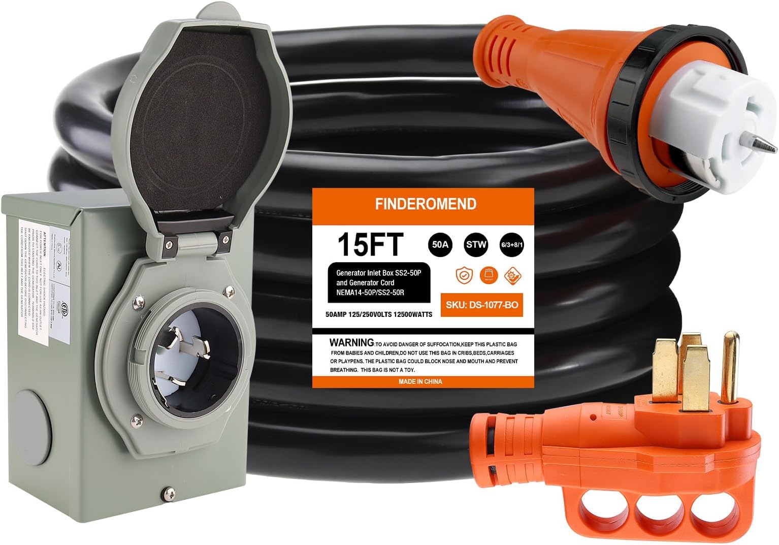 Finderomend 50 Amp Generator Cord and Power Inlet Box Combo Kit, 15ft ...