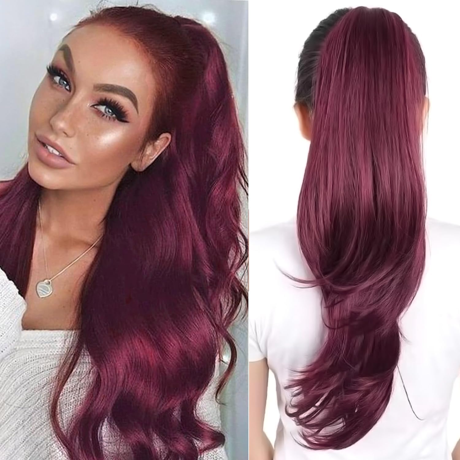 PORSMEER Ponytail Extension Wine Red Drawstring Pony tail Hair ...