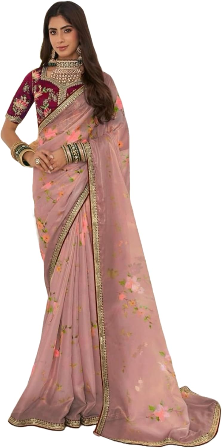 Amazon.com: Indian Organza Silk Women Saree Wear Muslim Sari 4060 (1 ...
