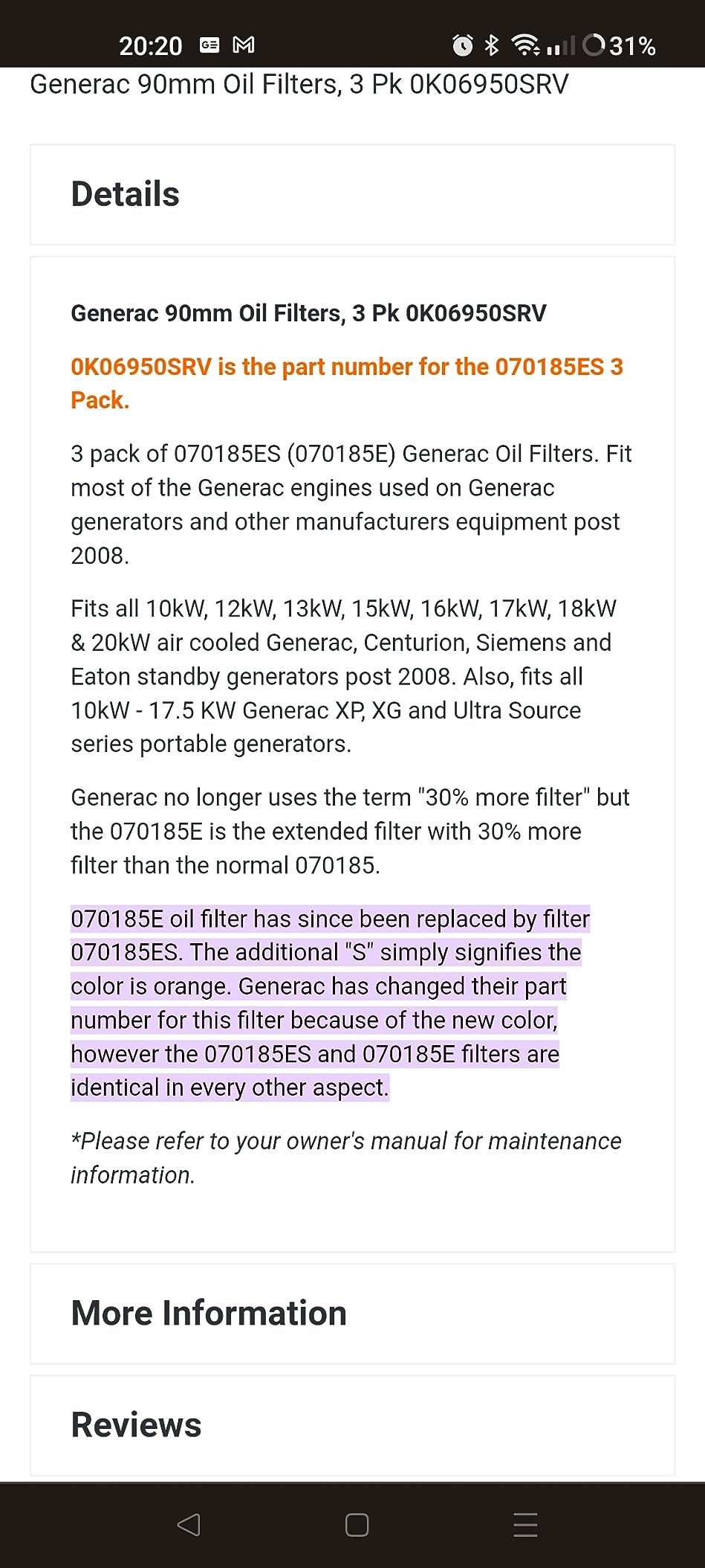 2 Pack Genuine Generac 070185ES Oil Filter Fits 070185E 70185 OEM ...