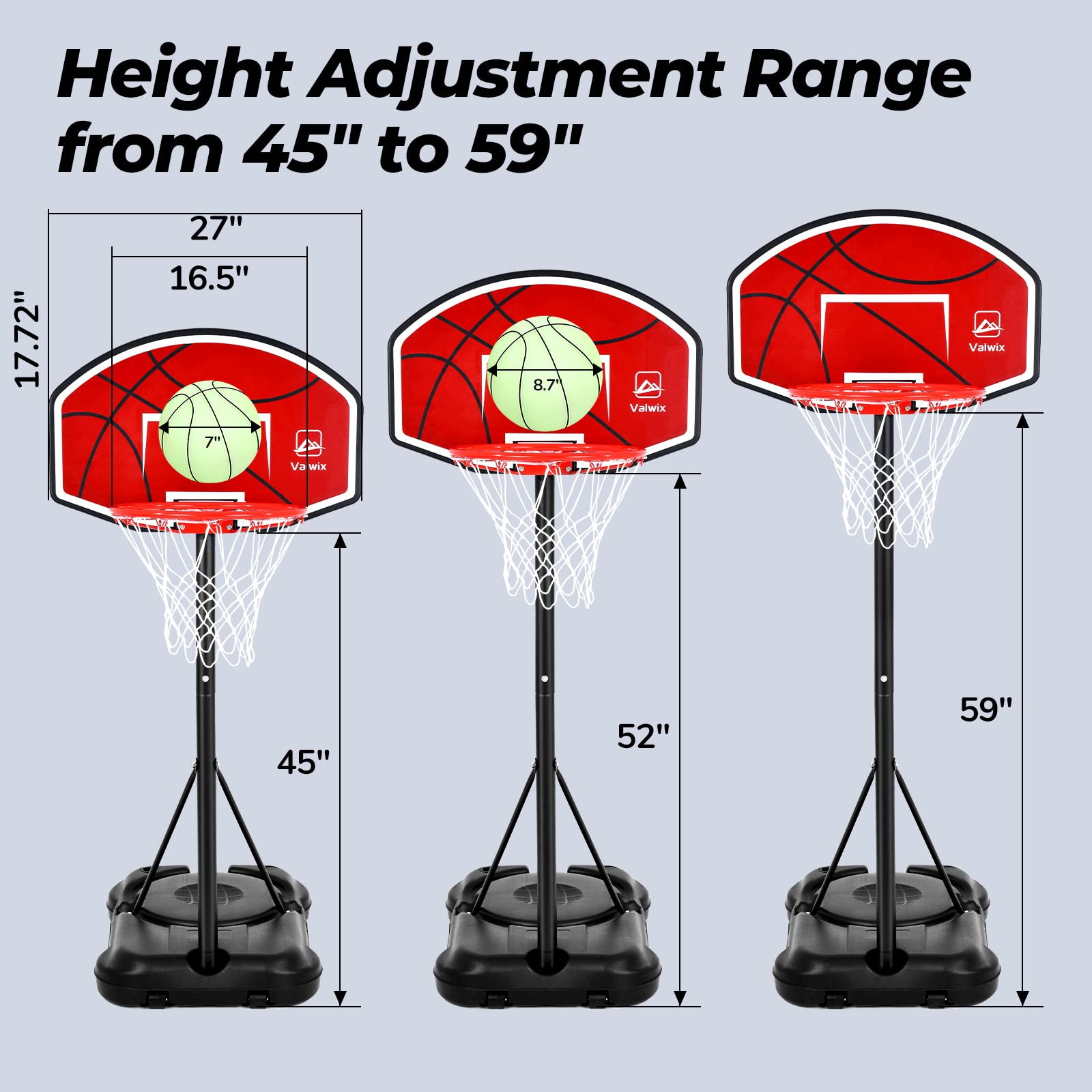 Valwix Poolside Basketball Hoop with Light 45?ÇÖ?ÇÖ-59?ÇÖ?ÇÖ Adjustable ...