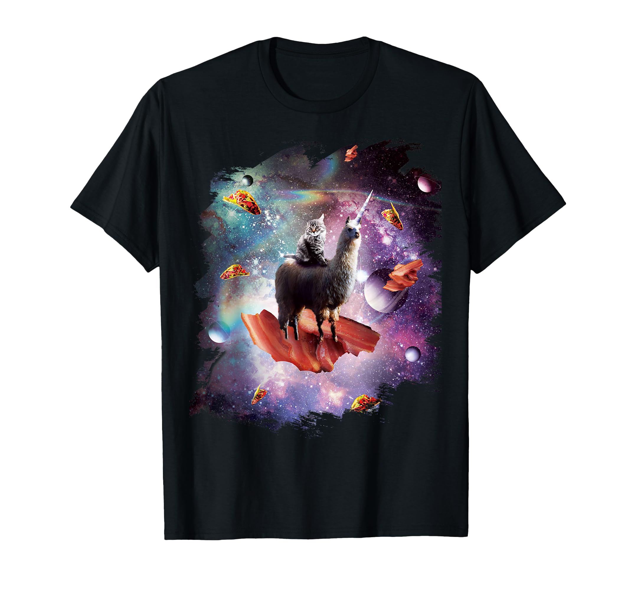 Amazon.com: Space Cat Riding Llama Unicorn - Bacon Taco T-Shirt ...