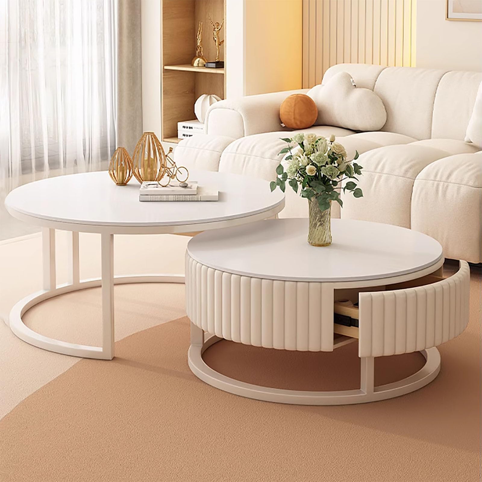 Modern Circle Coffee Table Set 2 In 1 - Storage Coffee Table 31.5 White ...
