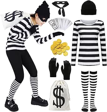 Amazon.com: Robber Costume Adult Women Burglar Costume Black and White ...
