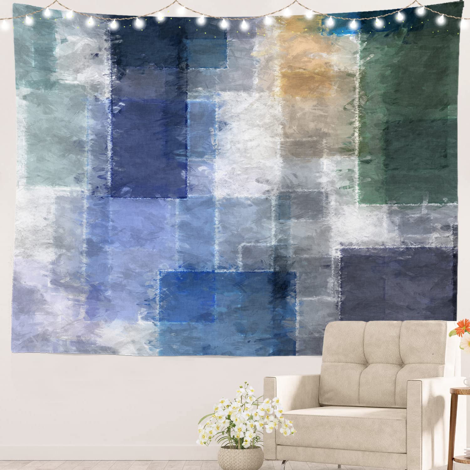 Amazon.com: Batmerry Blue Abstract Geometric Tapestry,Green Modern Art ...