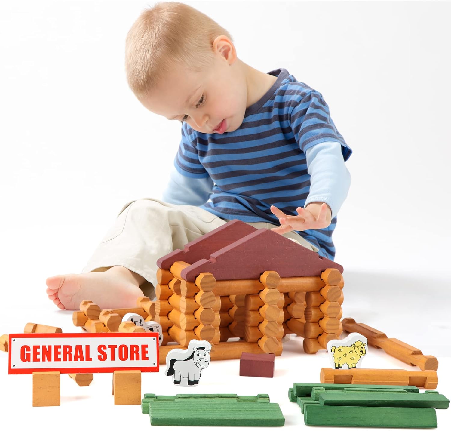 Wondertoys Wooden 170 Pieces Wood Logs Set Wooden Dollhouse Farm House ...